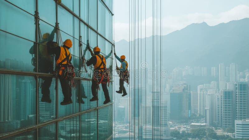 Window Washers on a High-Rise Building with City Skyline View Stock ...
