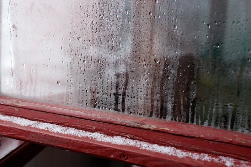 Window with Water Drops Closeup, Inside, Selective Focus. Window with ...