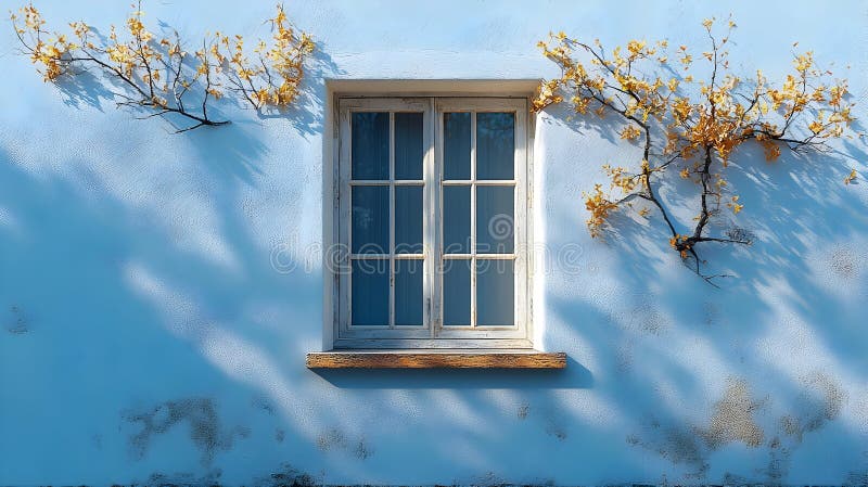 Window with White Frame and Yellow Vines Illustration Stock Image ...