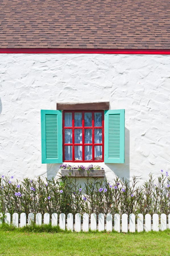 Window on White Wall of Vintage House Style Stock Photo - Image of clay ...