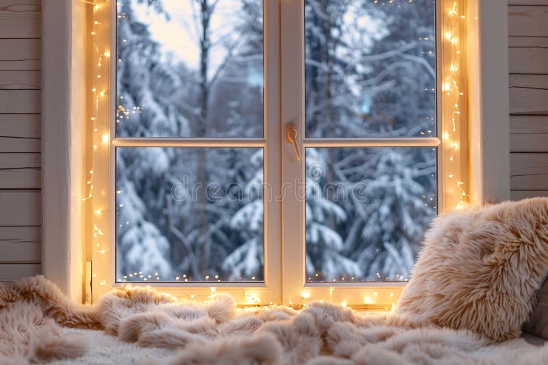 Window with Winter Snowy Forest View with Led Lights Stock Illustration ...