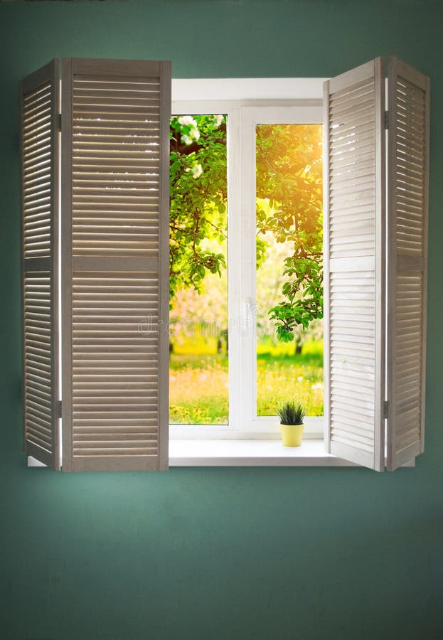 Window with Wooden Shutters Stock Image - Image of computer, grass ...
