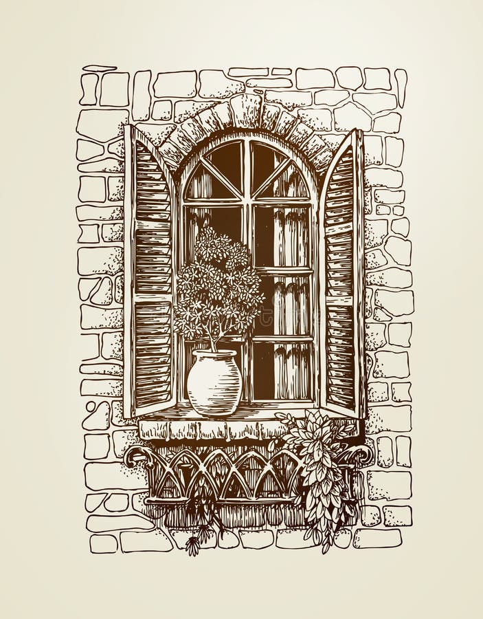 Window with Wooden Shutters. Vintage Sketch. Vector Illustration Stock ...