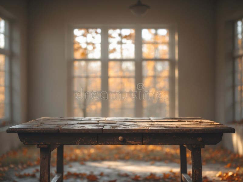 Window Wooden Table Front it There is Empty Desk with Autumn. Stock ...