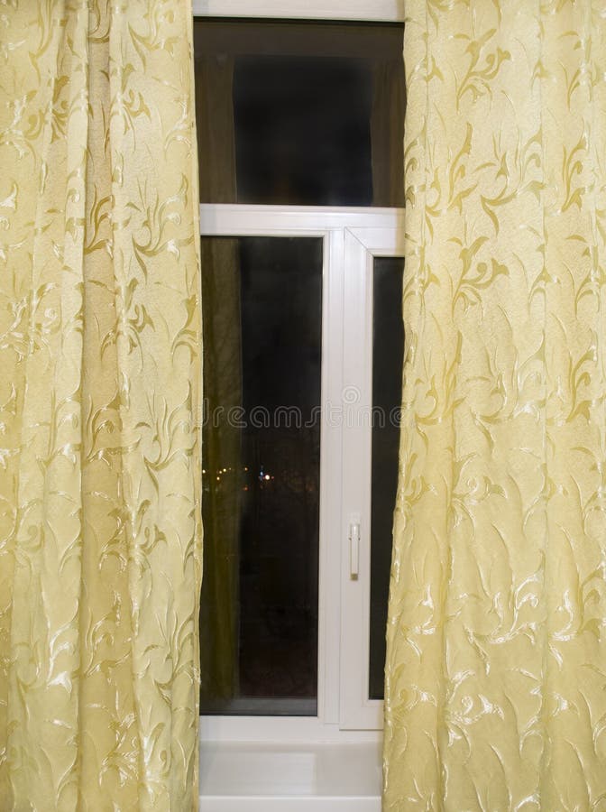 Window with Yellow Curtains Stock Photo - Image of silhouette, dark ...