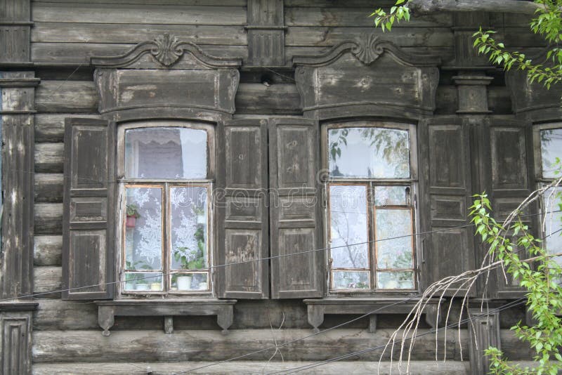 Windows of the Ancient Wooden House Stock Image - Image of village ...