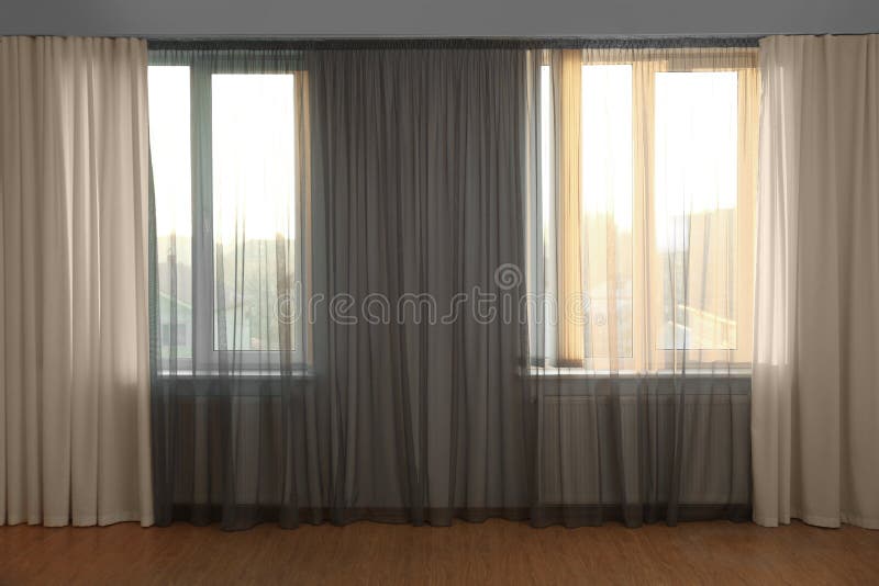 Windows with Curtains in Empty Room Stock Photo - Image of detail ...