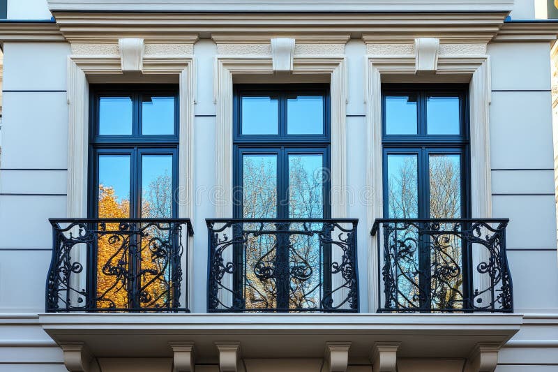 Windows Reflecting Autumn Trees on Building Facade Stock Illustration ...