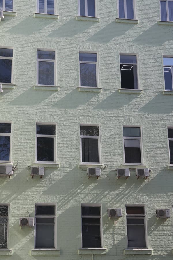Windows on a Blue Wall, Facade of a High-rise Residential Building, 2 ...
