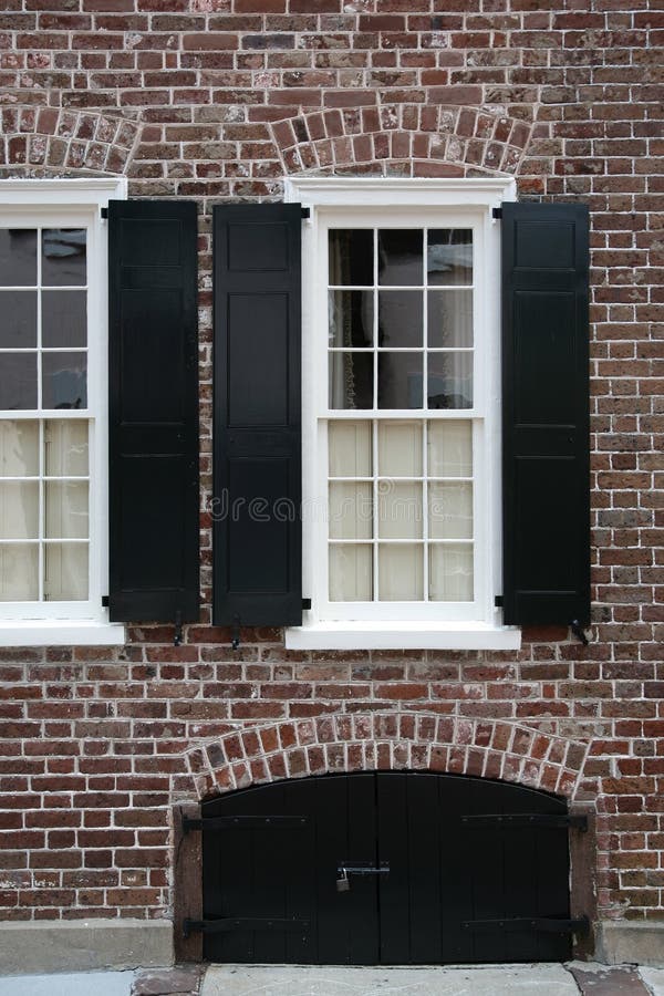 Windows, Brick Wall, Black Shutters Stock Photo - Image of glass ...