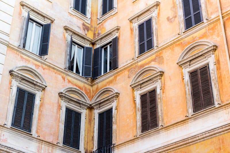 Windows of Building in the Center of Rome Stock Photo - Image of detail ...