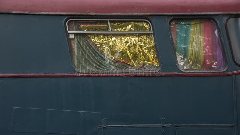 The Windows of the Bus with Colored Curtains Stock Image - Image of ...
