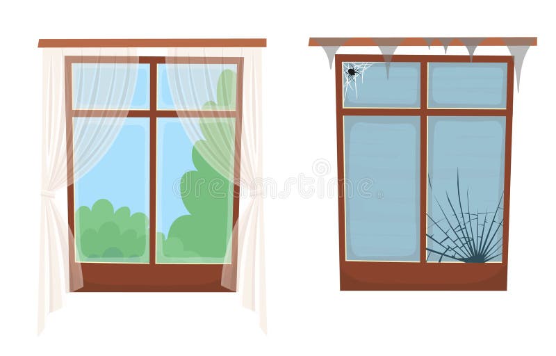Cartoon Windows. Broken and Not Broken Windows.Vector Illustration on a ...