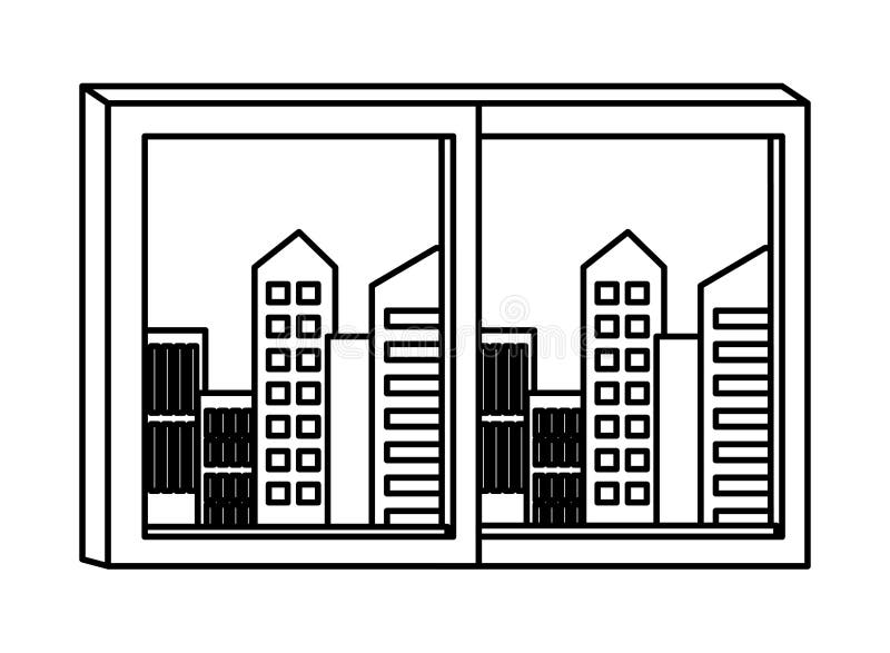 Windows with Cityscape View Cartoon in Black and White Stock Vector ...