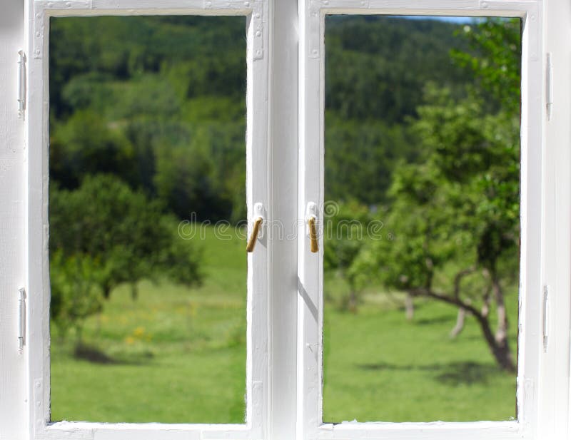 Windows Closed with a View on Apple Orchard Stock Photo - Image of ...