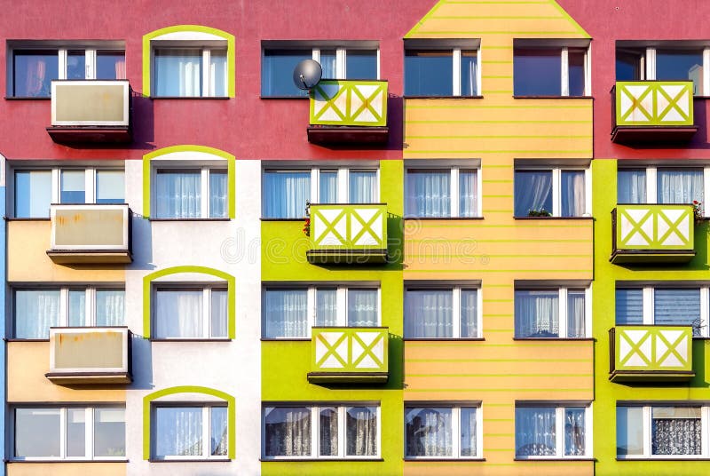 Windows and Colorful Facade of Residential Building Stock Image - Image ...