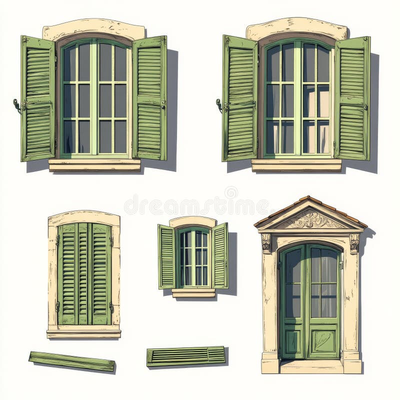 Windows Drawing Set with Hand-drawn Architectural Elements, and Windows ...