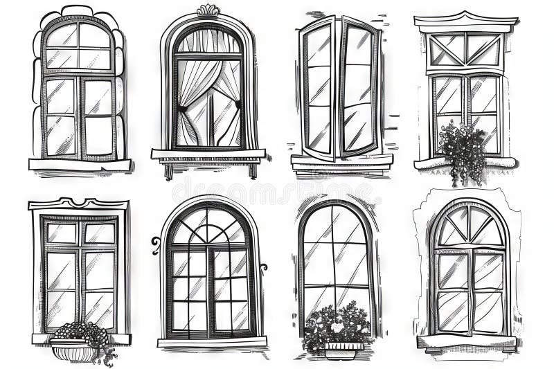 Windows Drawing Set, Hand-drawn Architecture Design Elements, Windows ...