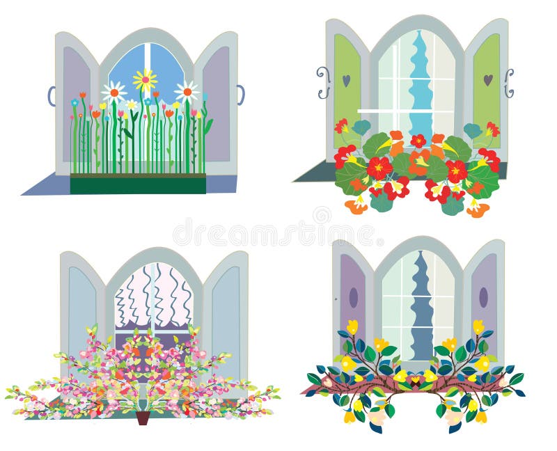 Windows with Flowers Box Design Set Stock Vector - Illustration of pink ...