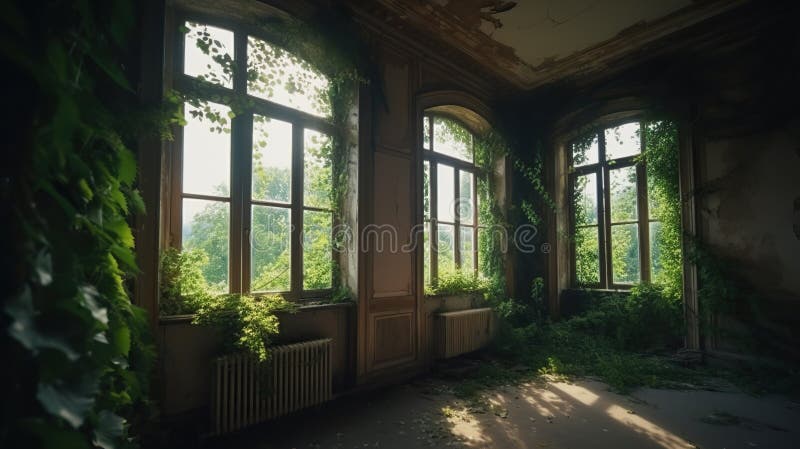 Windows of House Overgrown with Ivy in Old Abandoned Building, Grass ...