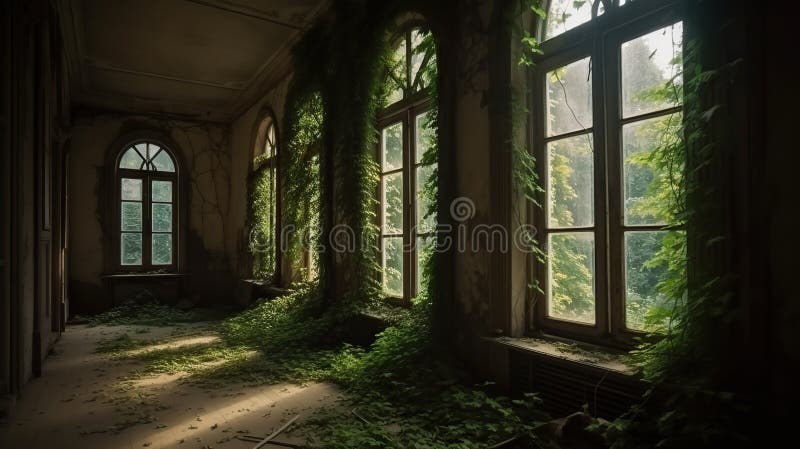 Windows of House Overgrown with Ivy in Old Abandoned Building, Grass ...