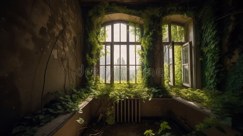 Windows of House Overgrown with Ivy in Old Abandoned Building, Grass ...