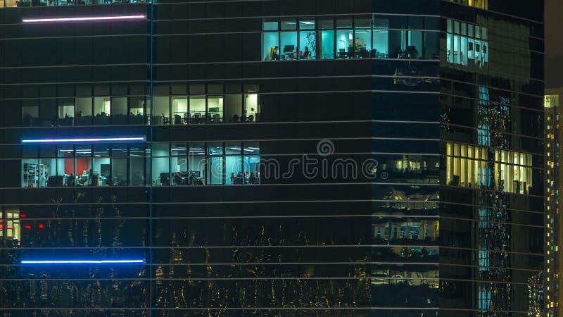 Windows in Modern City Office Building at Night Timelapse. Stock Image ...