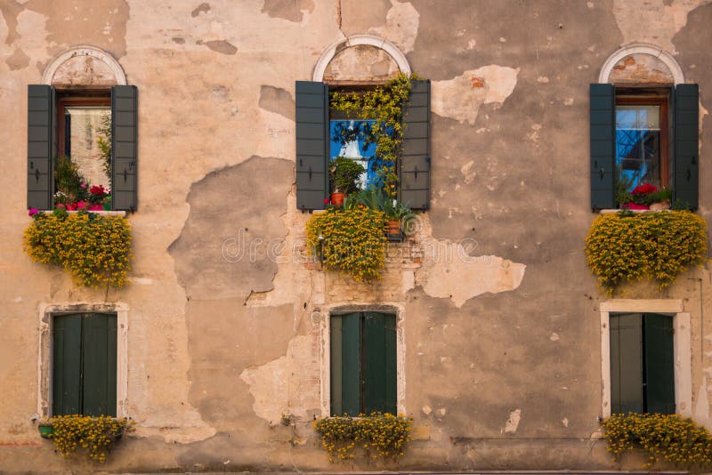 Windows of Old Residential Building in Venice Stock Photo - Image of ...
