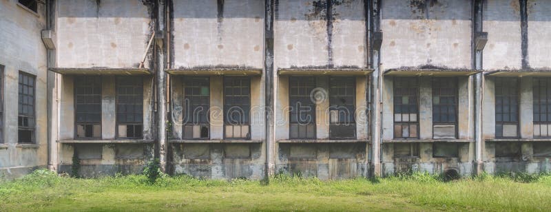 Windows of Old Rustic Abandoned Factory, Industry Building Frony View ...
