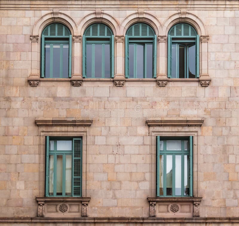Windows in Row on Facade of Historic Building Stock Image - Image of ...
