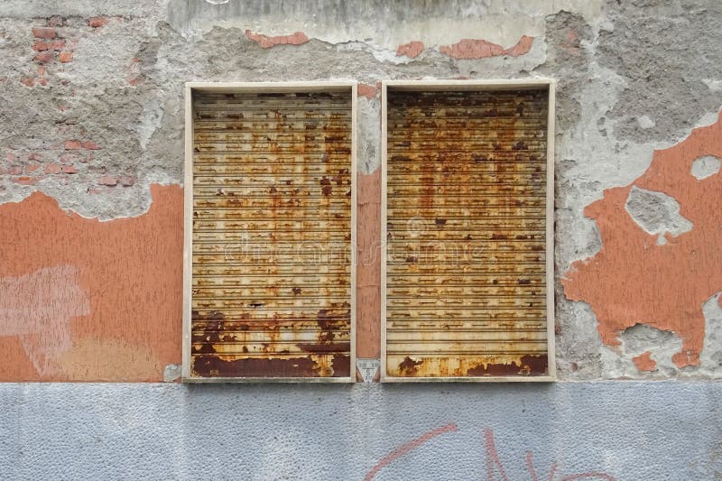 Windows with Rusty Metal Shutters, Old Building To Be Renovated Stock ...