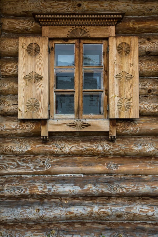 Windows with Shutters, Patterned on the Wall of the Old Wooden H Stock ...