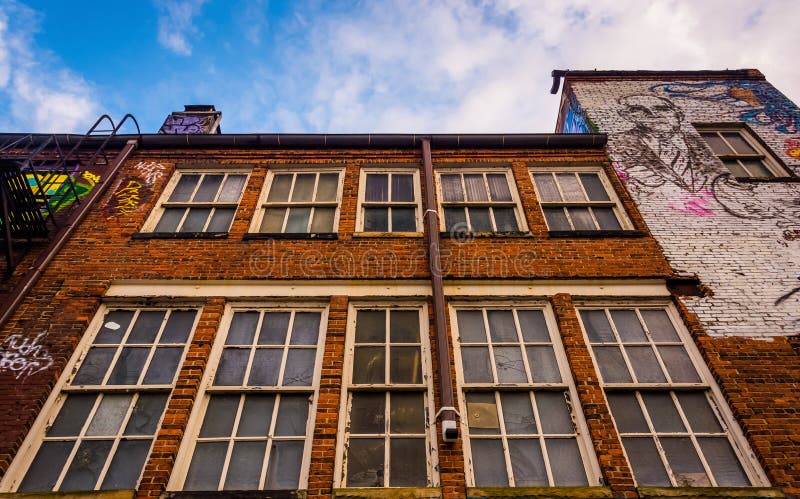 Windows on the Side of a Building in Graffiti Alley, Baltimore, Stock ...