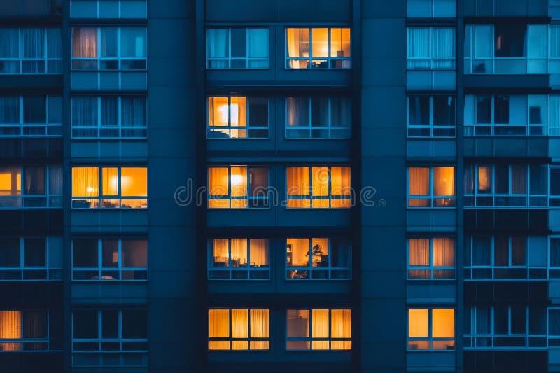 Windows of Tall Apartment Building at Night with Light on Stock ...