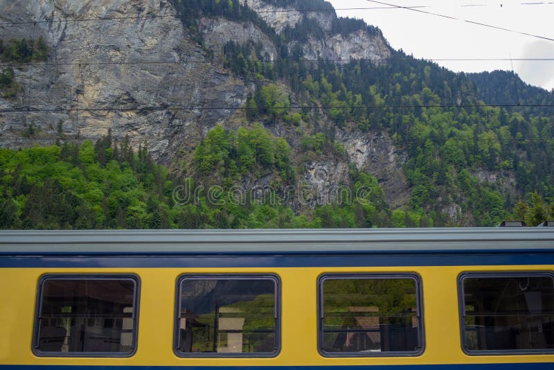 Windows of Train on Mountain with Fresh Green Forest Stock Image ...