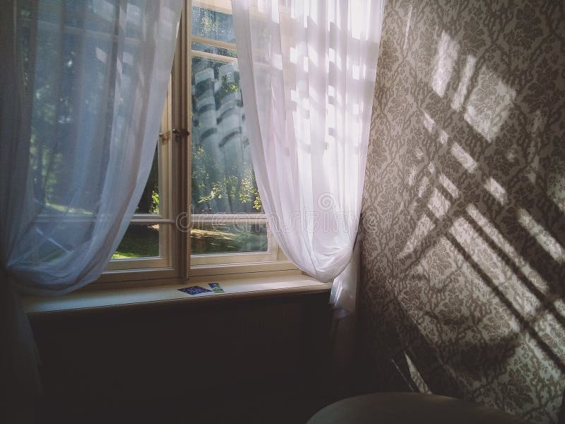Windows with White Curtains. the Wall Texture Under Sunlight Stock ...