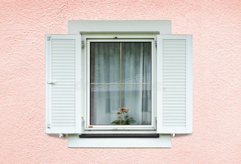 Windows with White Shutters on Light Pink Facade Stock Image - Image of ...