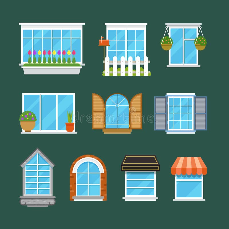 Windows with Window Sills Curtains Flowers Balconies Flat Vector Set ...