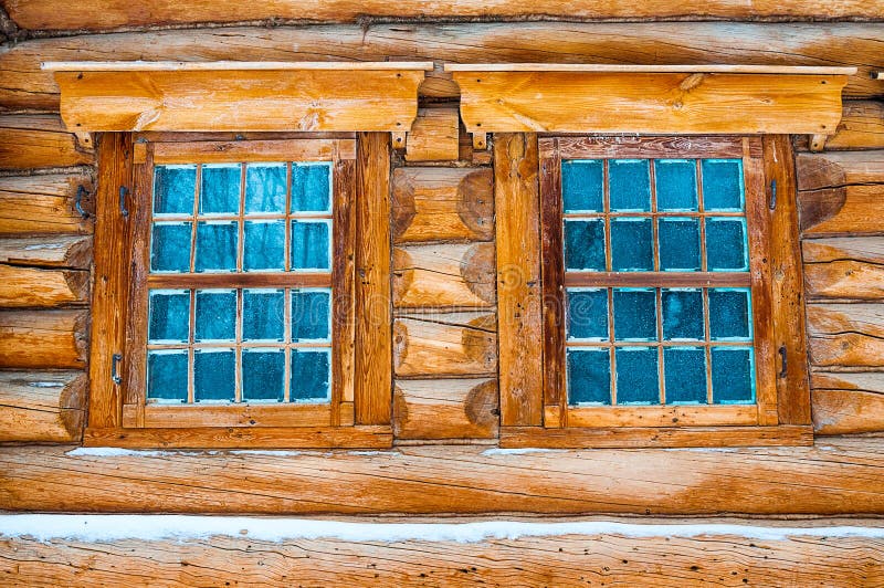 Windows in wooden log hut stock photo. Image of cottage - 66958222