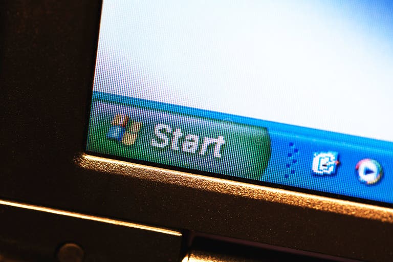 Windows XP Start Menu Bar, Windows Logo on an Old Low Resolution Lcd ...