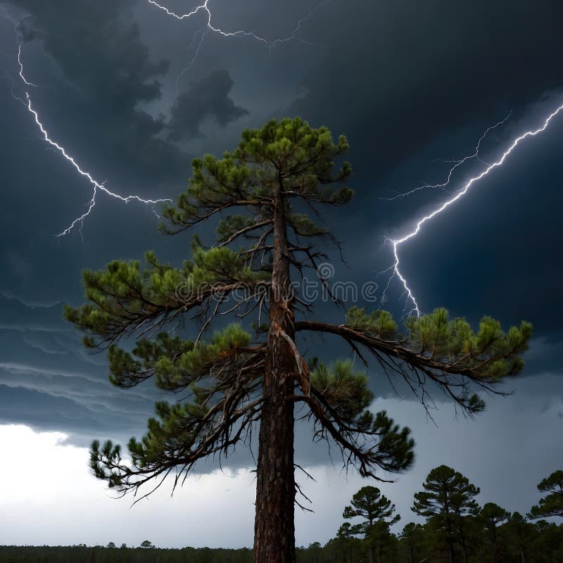 Winds of Power: Long Leaf Pine Amidst a Storm of Lightning and Dark Clouds Stock Photo - Image ...