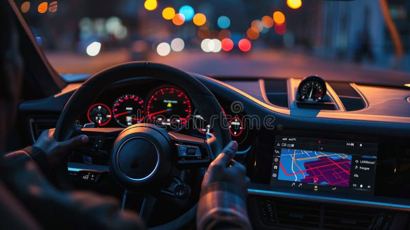 Windshield and Dashboard View Inside Car, Hands of Driver on Wheel and ...