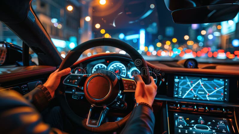Windshield and Dashboard View Inside Car, Hands of Driver on Wheel and ...