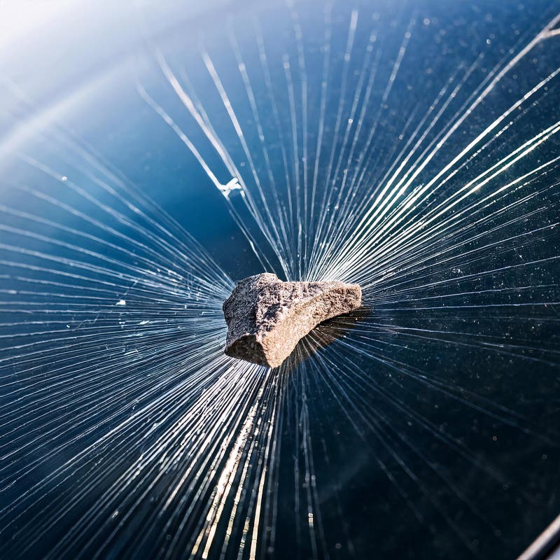 A Close-up View of a Rock Resting on a Cracked Windshield Showing ...