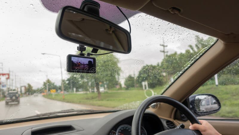Windshield Has Installed a Car Camera on a Rainy Day Stock Image ...