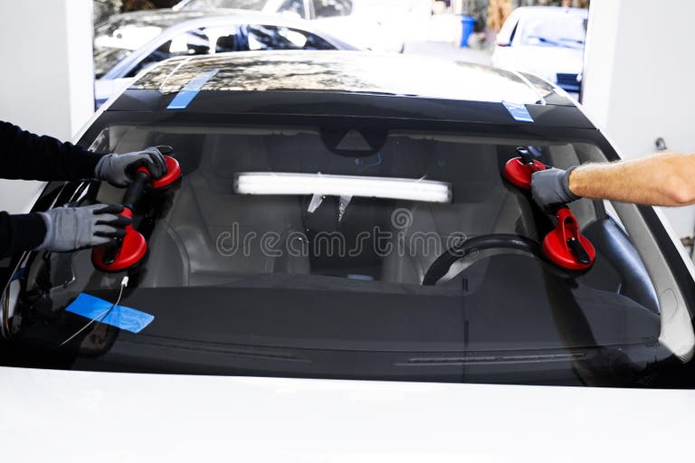 Windshield Installation Using Suction Lifters. Two Technicians Install ...