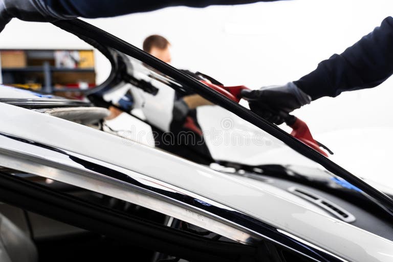 Windshield Installation Using Suction Lifters. Two Technicians Install ...