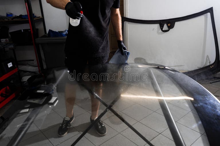 Windshield Surface Cleaning before Installation. Spraying and Wiping ...