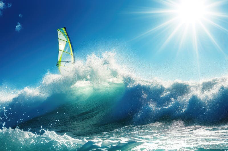 Windsurfer Catching a Big Wave during a Bright and Sunny Day Stock ...