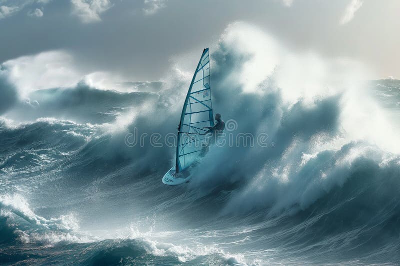 Windsurfer Navigating Massive Waves Stock Image - Image of waves, seas ...